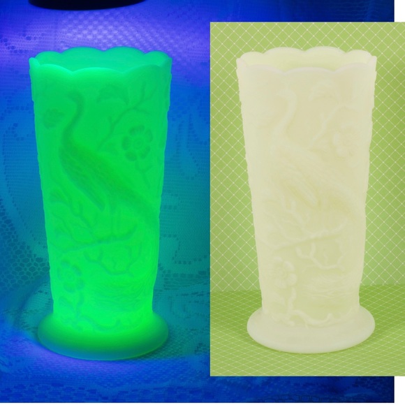 Fenton | Art | Fenton Uranium Glass Peacock Vase Satin Custard Glass ...